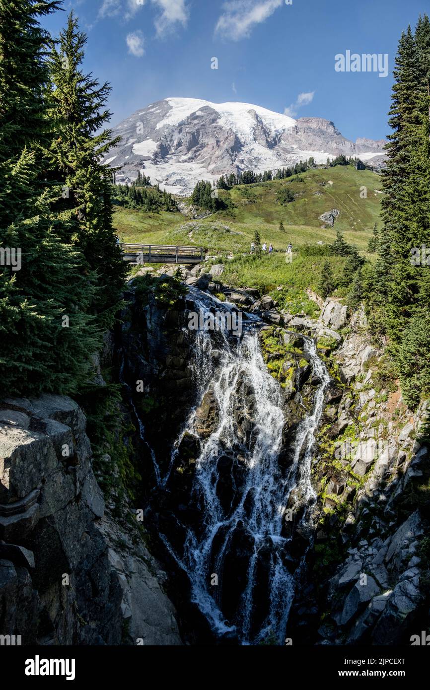 The high-angle vertical view of waterfalls flowing through the rocks of ...