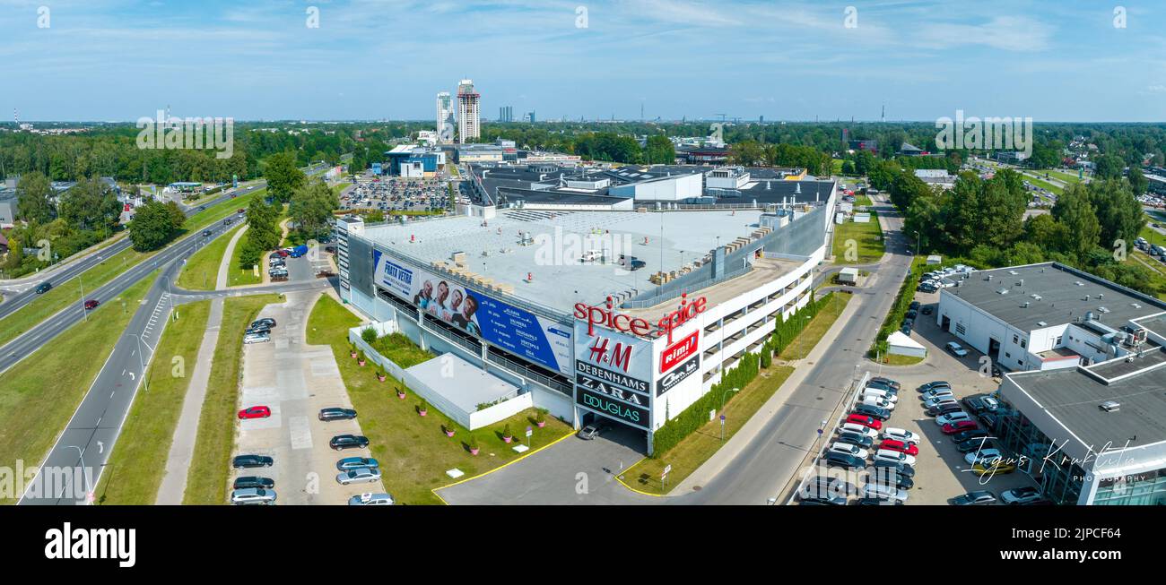 Aerial view of the shopping center SPICE in Riga, Latvia. Largest ...