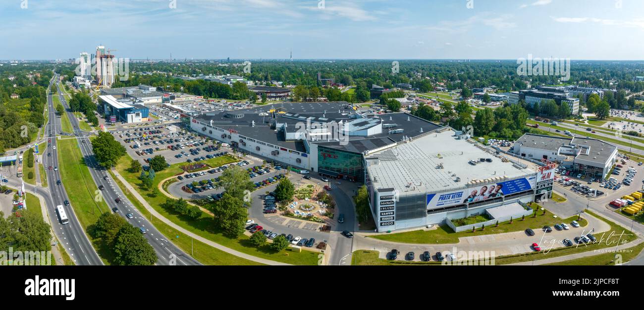 Aerial view of the shopping center SPICE in Riga, Latvia. Largest ...