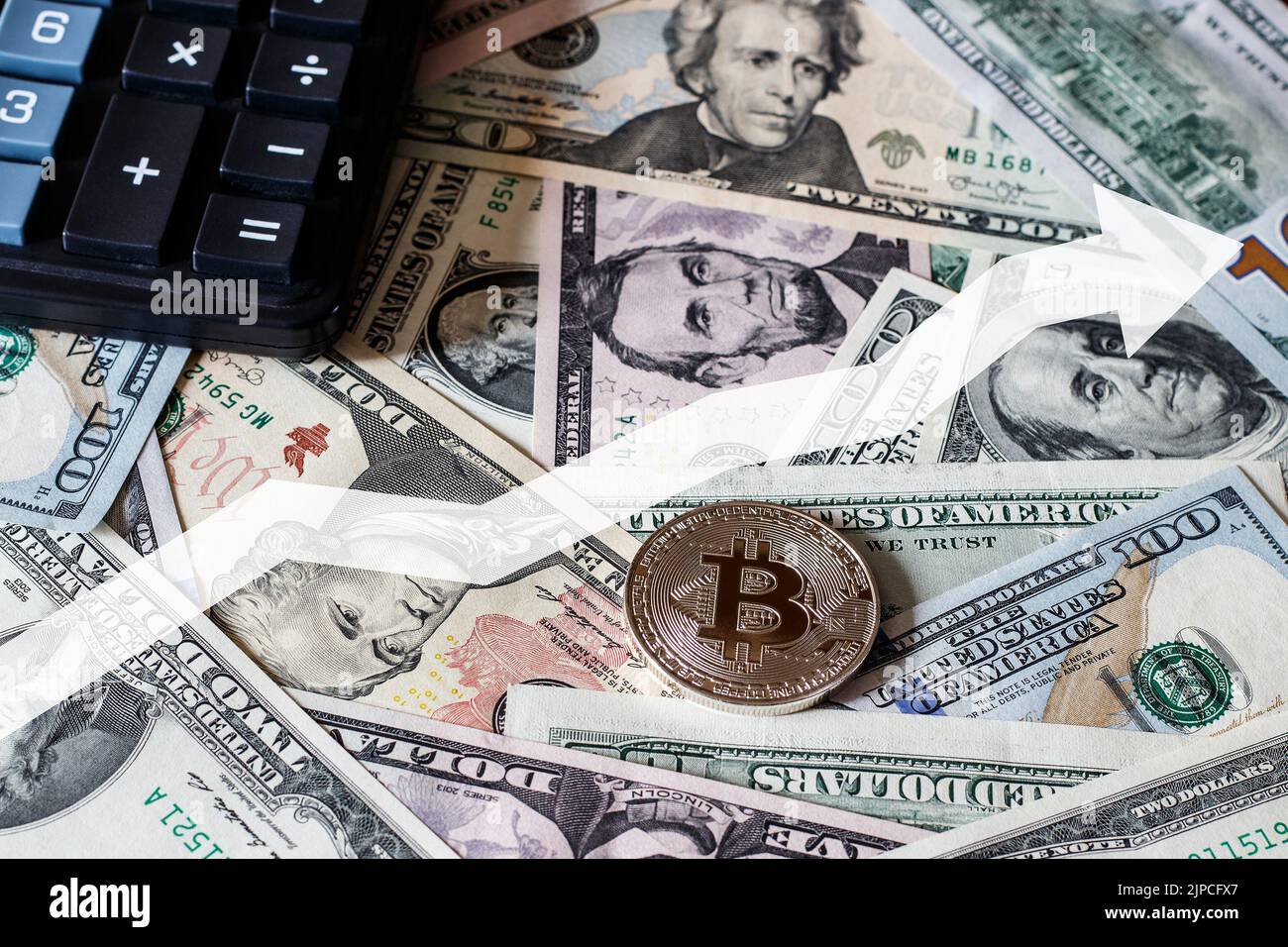 Bitcoin and dollar bills. BTC market symbol cryptocurrency rising above ...