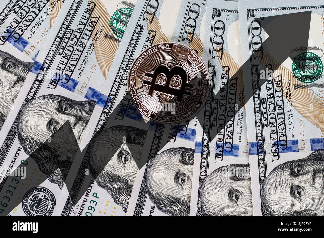 Bitcoin and dollar bills. BTC market symbol cryptocurrency rising above ...