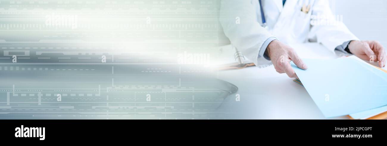 Doctor taking a file on his desk; panoramic banner Stock Photo - Alamy