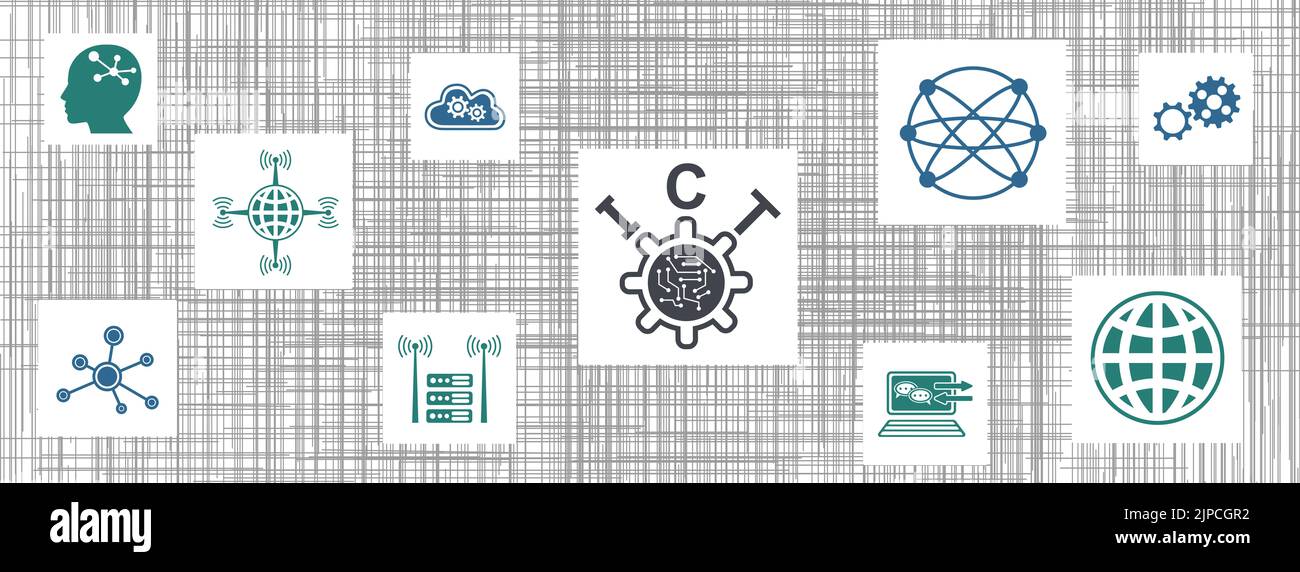 Concept of ict with icons on squares Stock Photo - Alamy
