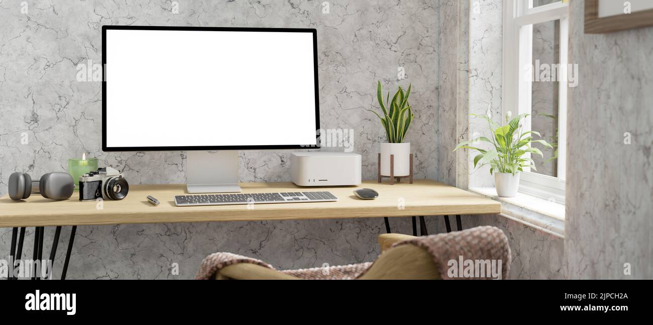 Stylish loft working space interior design with blank PC desktop ...