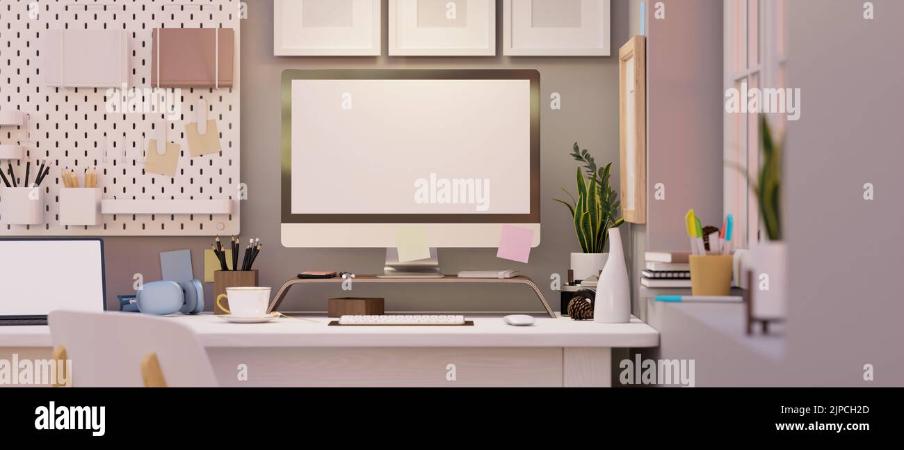 Home office workspace interior design with blank PC desktop computer ...