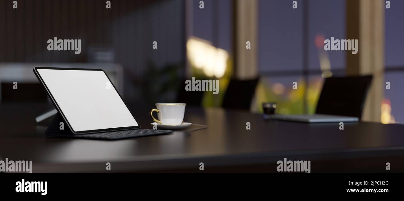 Digital tablet touchpad white screen mockup and coffee cup on modern ...