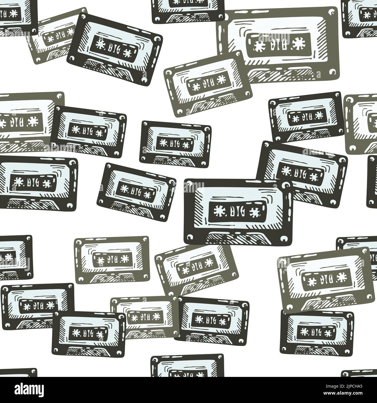 Audio cassette tape engraved seamless pattern. Vintage music cassette ...