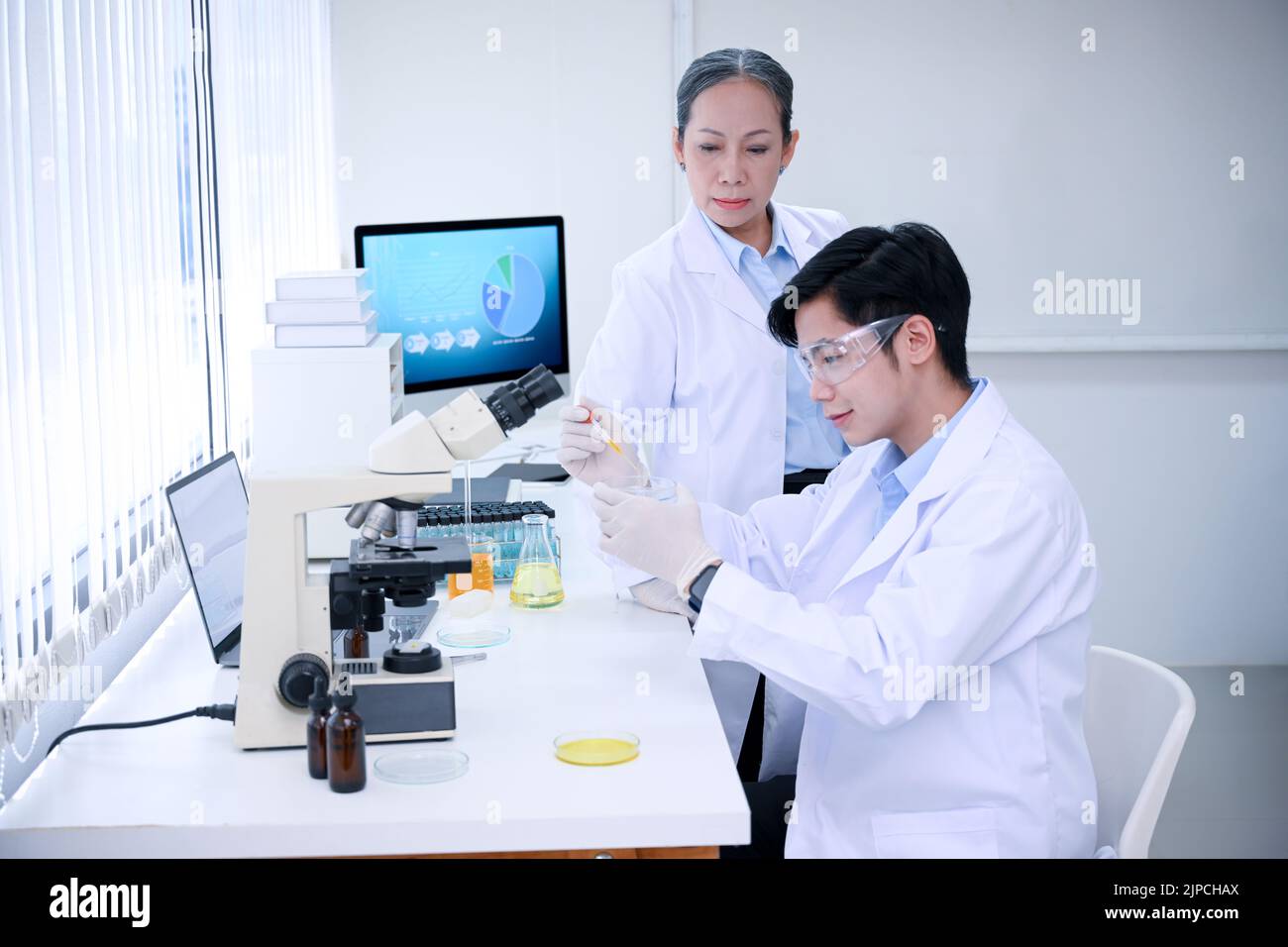Smart young Asian male scientist and his professional senior female ...