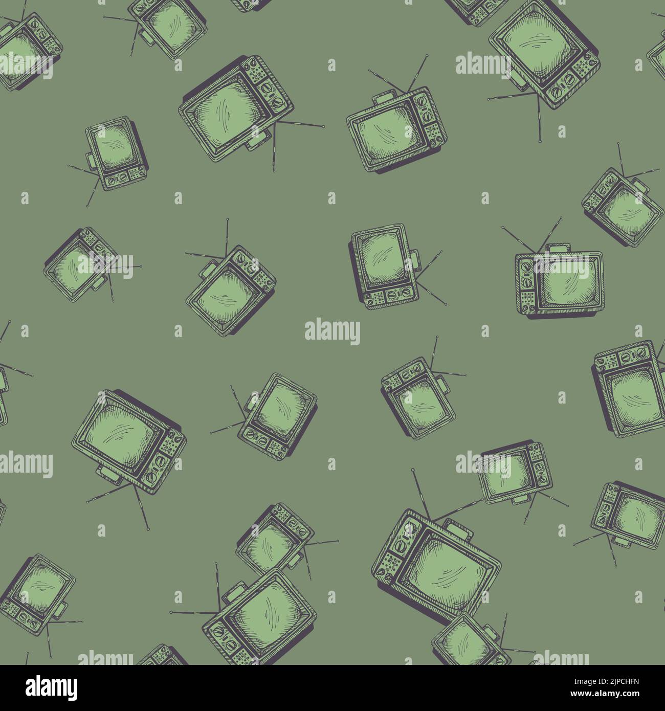 Retro TV with antenna engraved seamless pattern. Vintage television in ...