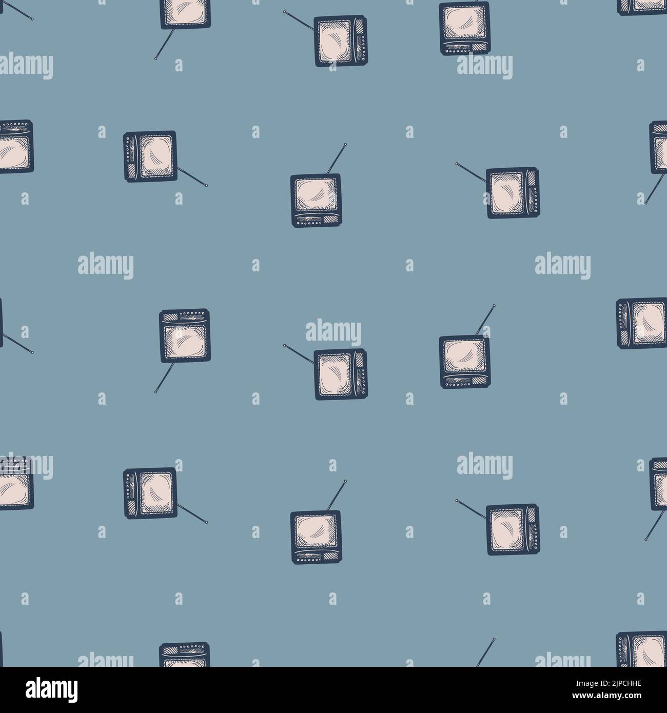 Retro TV with antenna engraved seamless pattern. Vintage television in ...