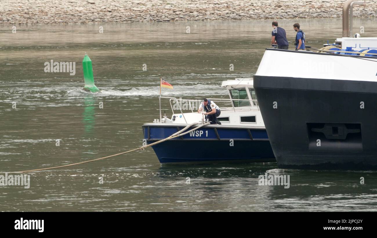 Oberwesel, Germany. 17th Aug, 2022. The crew of a police boat brings a ...