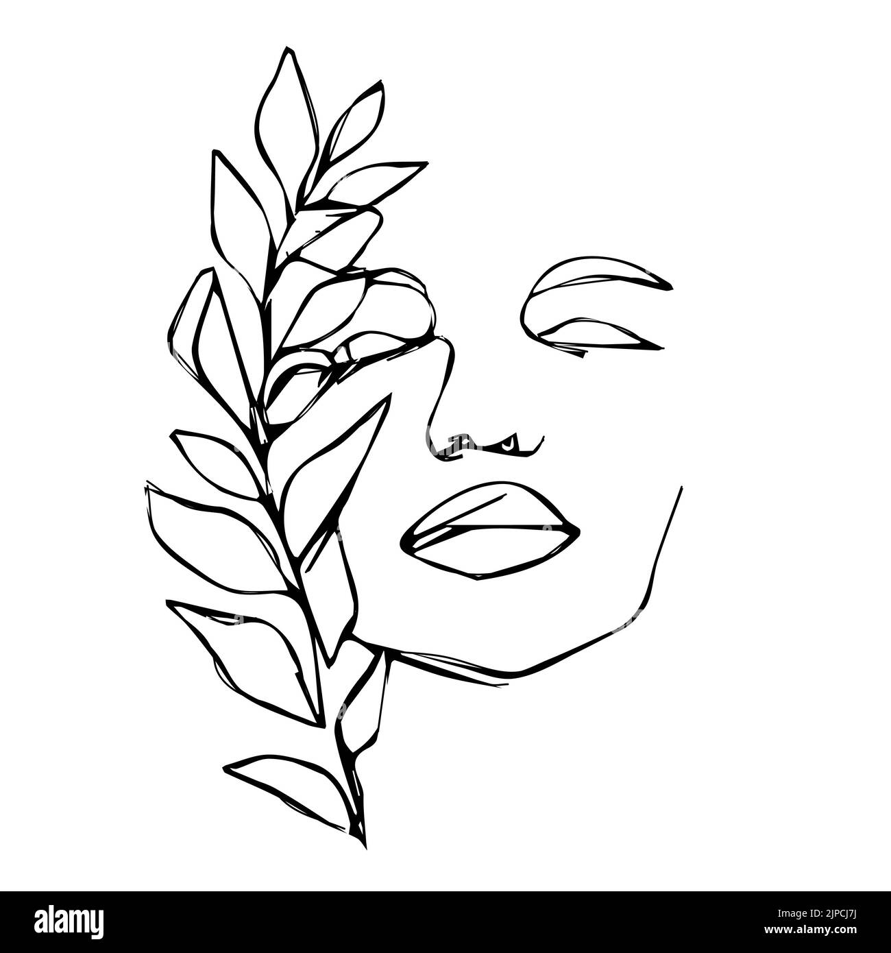 Beautiful B&W line art of a model posing with leafs Stock Photo - Alamy