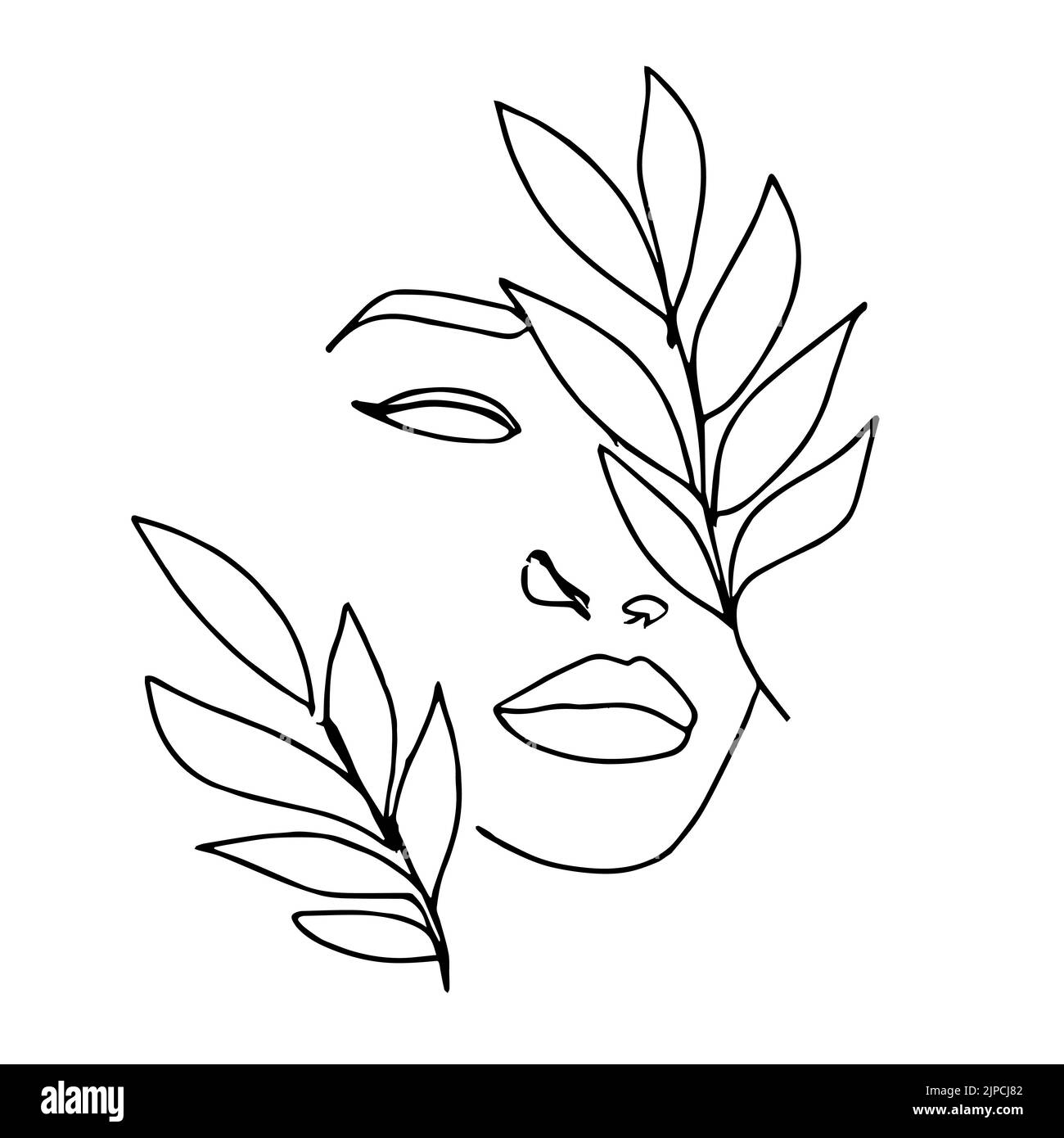 Beautiful B&W line art of a model posing with leafs Stock Photo - Alamy