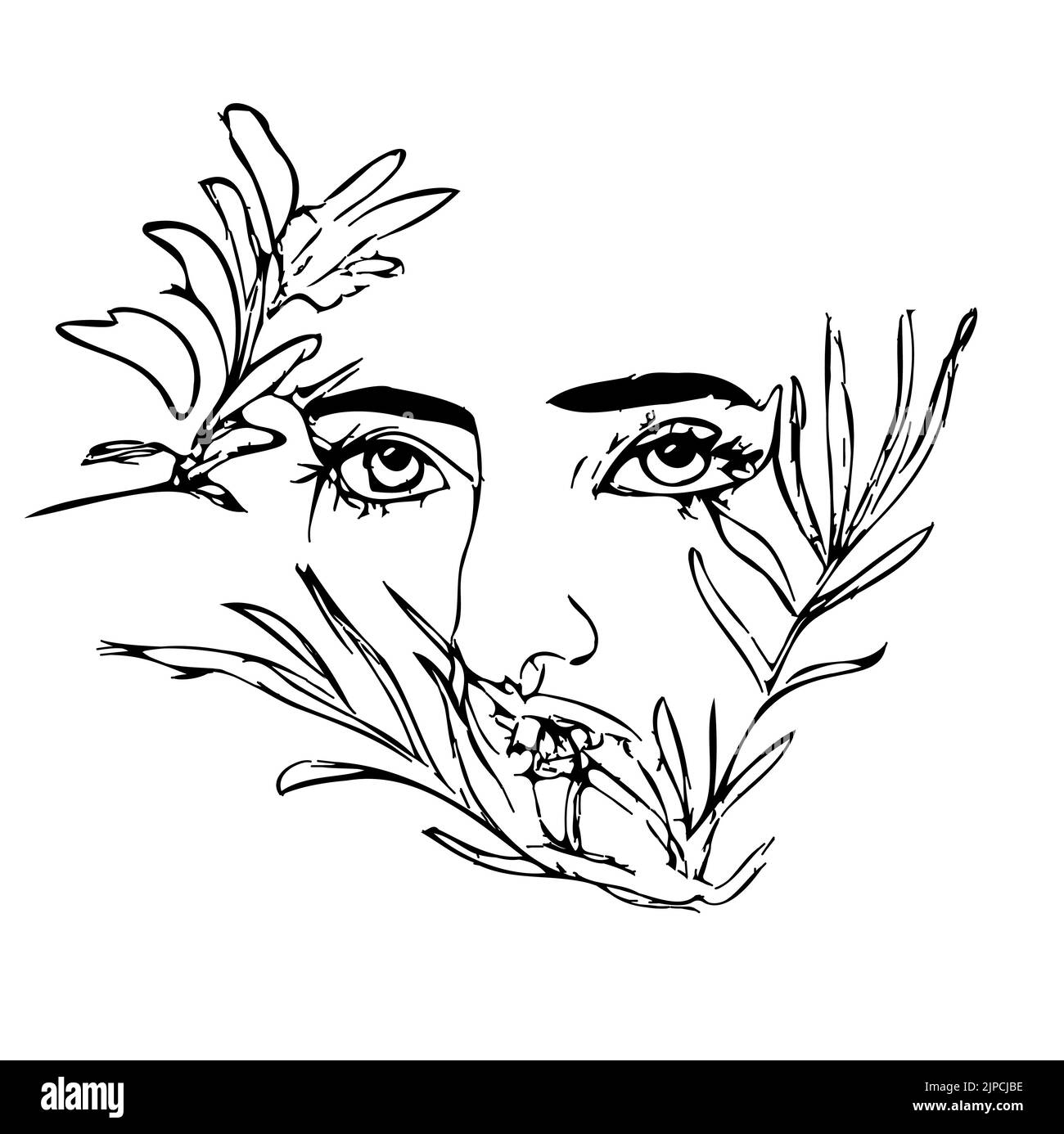 Beautiful B&W line art of a model posing with leafs Stock Photo - Alamy