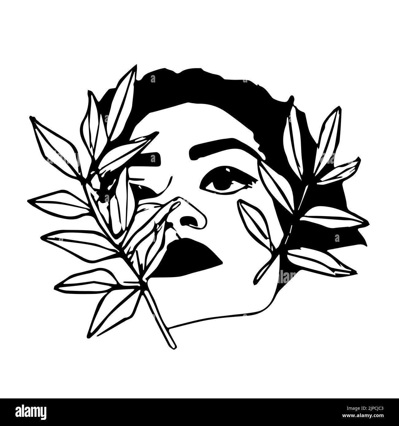 Beautiful B&W line art of a model posing with leafs Stock Photo - Alamy
