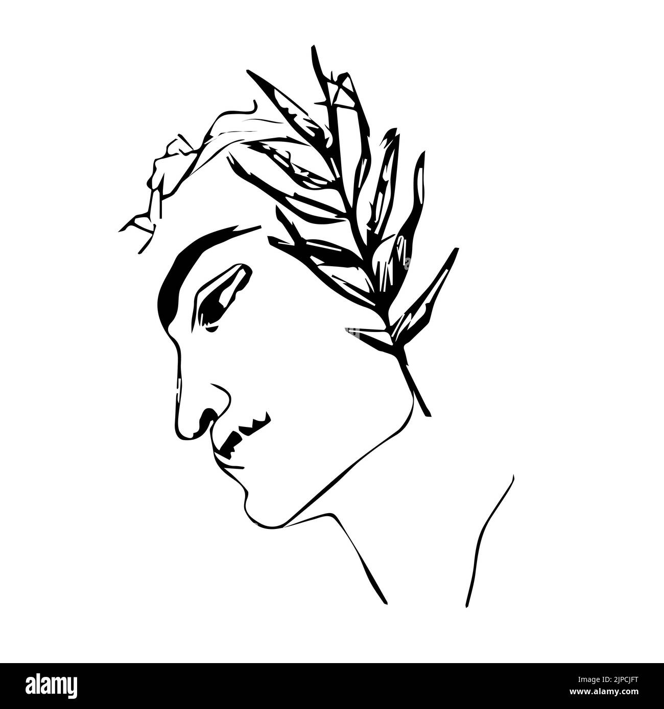 Beautiful B&W line art of a model posing with leafs Stock Photo - Alamy