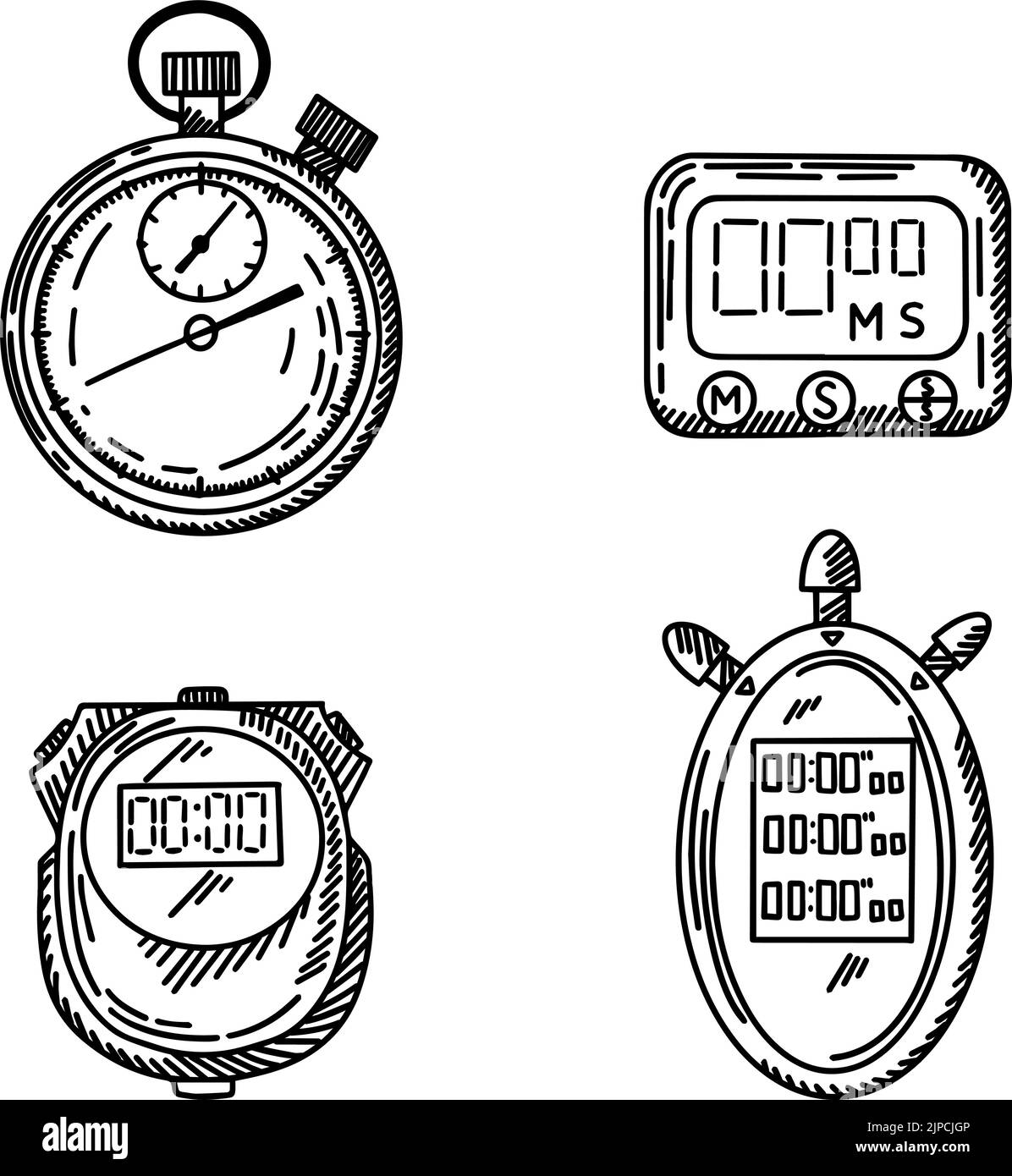Set stopwatch sketched isolated. Timer in hand drawn style. Engraved ... Set stopwatch sketched isolated. Timer in hand drawn style. Engraved ...