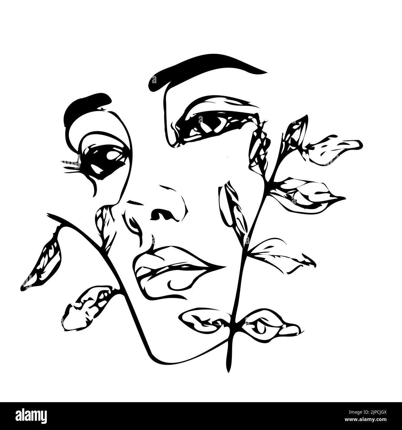 Beautiful B&W line art of a model posing with leafs Stock Photo - Alamy