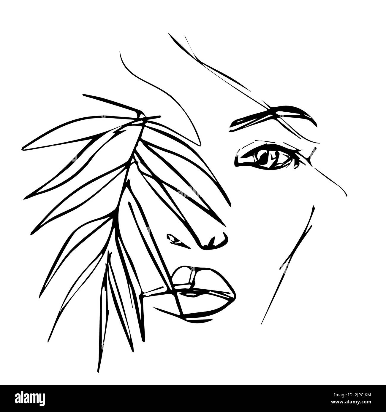 Beautiful B&W line art of a model posing with leafs Stock Photo - Alamy