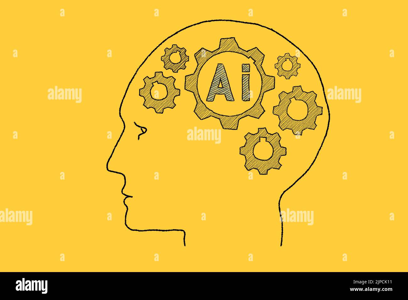 Human brain shape from rotating gears inside of human head on yellow ...