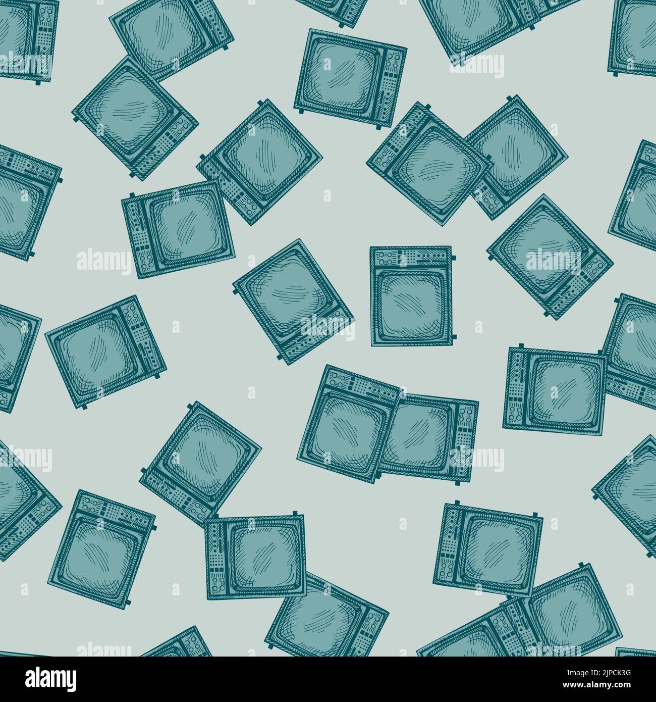 Retro TV engraved seamless pattern. Vintage television in hand drawn ...