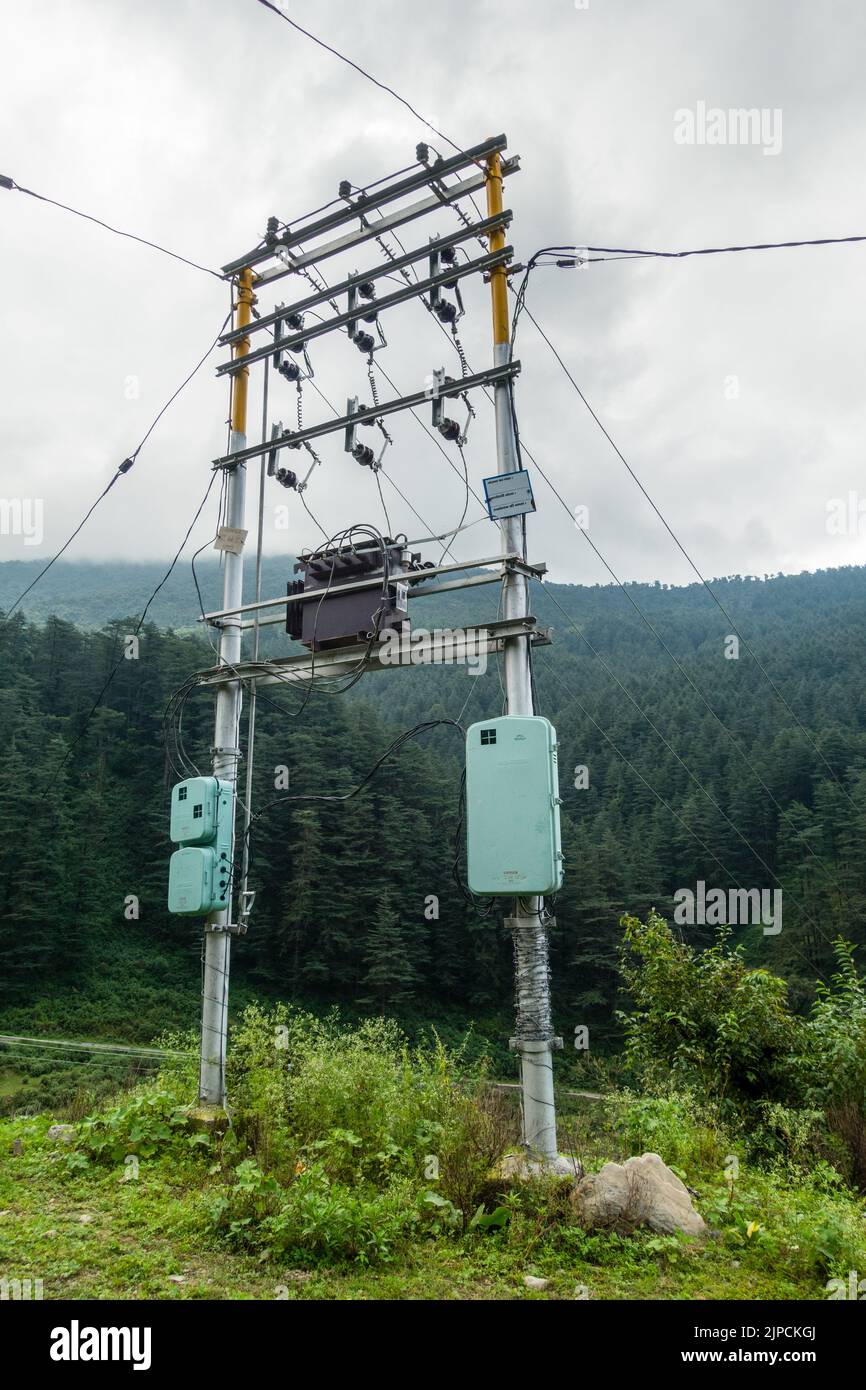 June 16th 2021 Uttarakhand India. Electricity poles with overhead ...