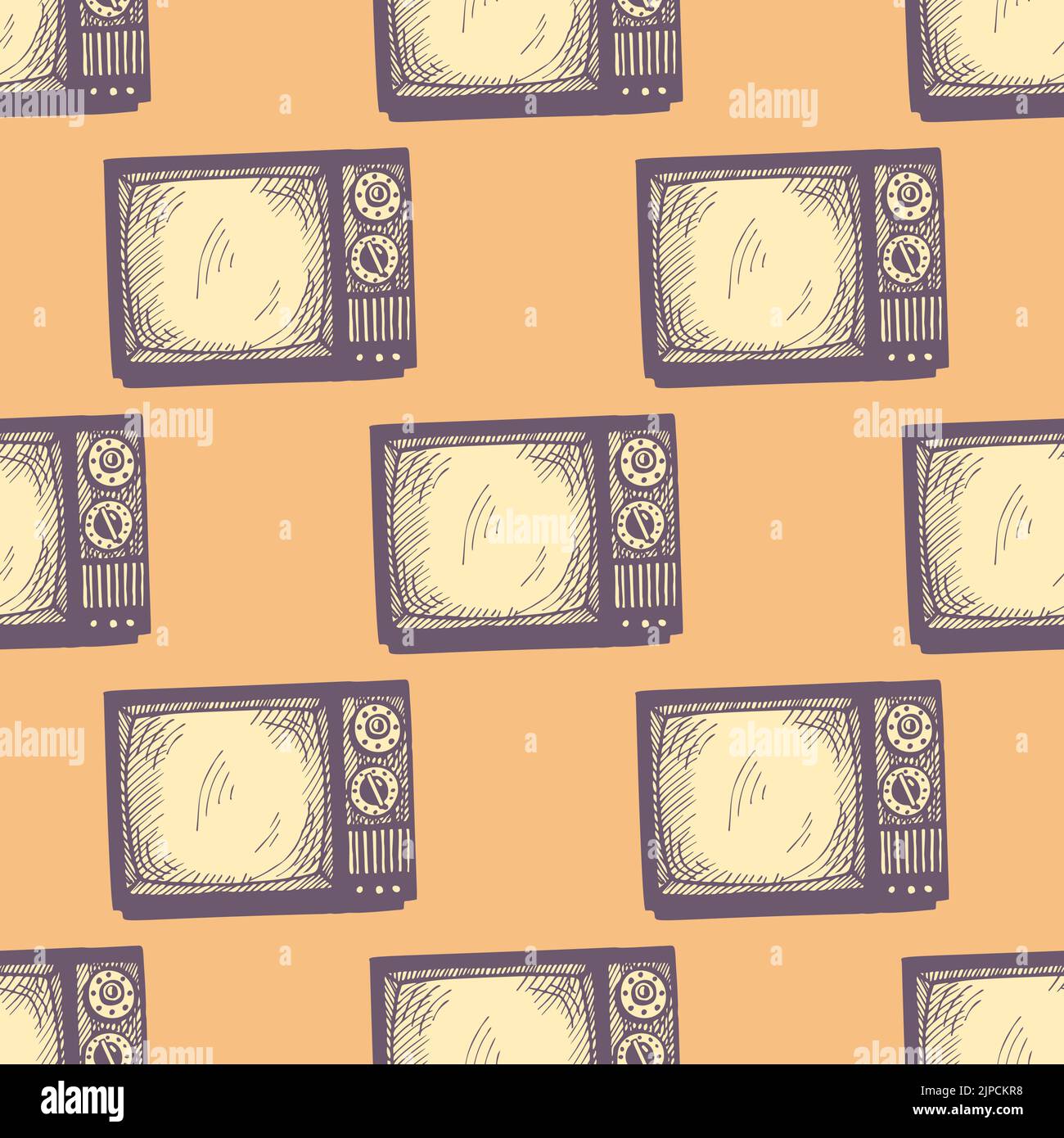 Retro TV engraved seamless pattern. Vintage television media in hand ...