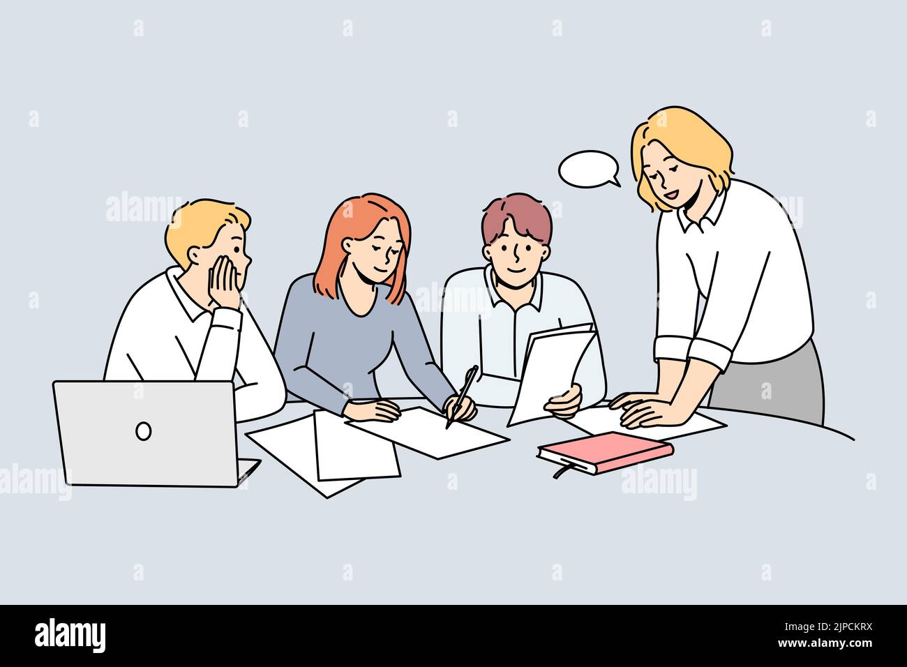 Diverse businesspeople sit at desk in office discuss paperwork at ...