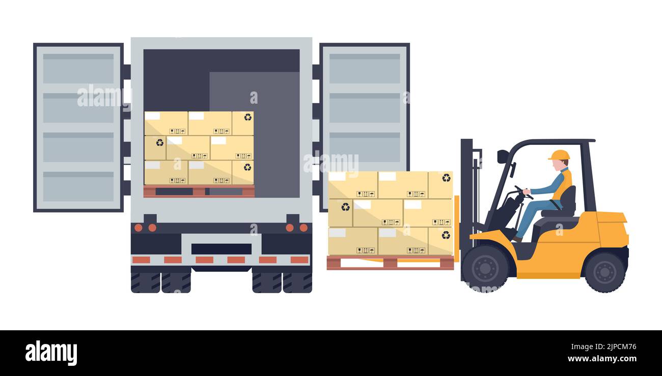 Worker driving a forklift loading a pallet with stacked boxes to a ...