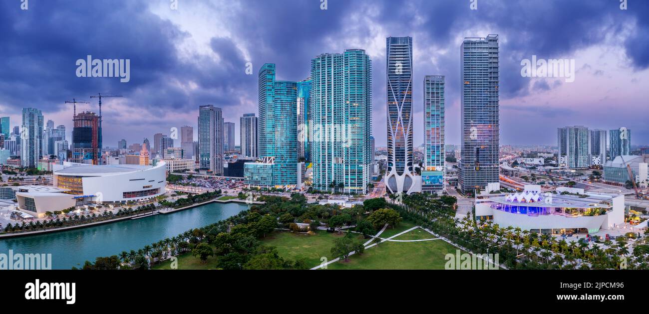 Panoramic Aerial View, Skyline of Miami Downtown at sunrise, Miami ...