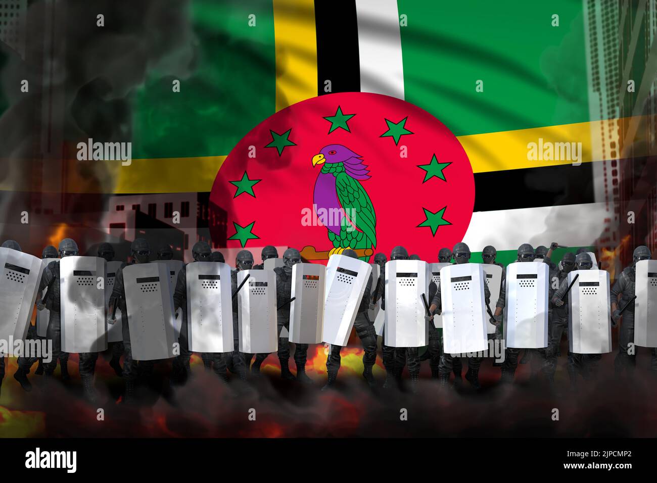 Dominica protest stopping concept, police special forces on city street ...