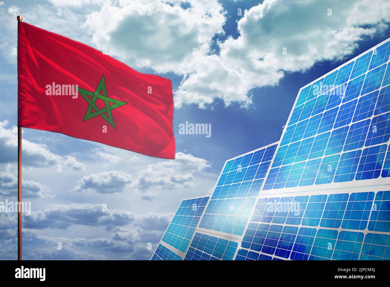 Morocco solar energy, alternative energy industrial concept with flag ...