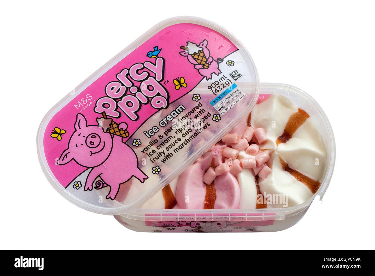 Tub of Percy Pig ice cream vanilla & percy flavoured ice cream rippled ...