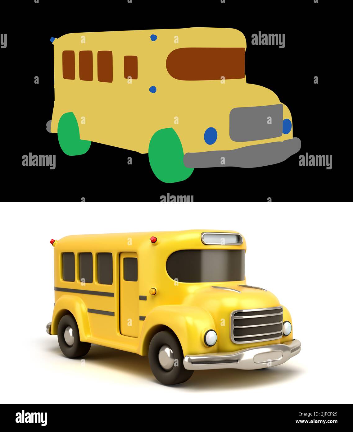 wintage toon yellow school bus 3d illustration on white with alpha ...