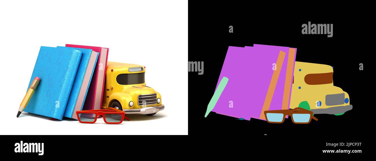 back to school concept school books at the yellow bus 3d illustration ...