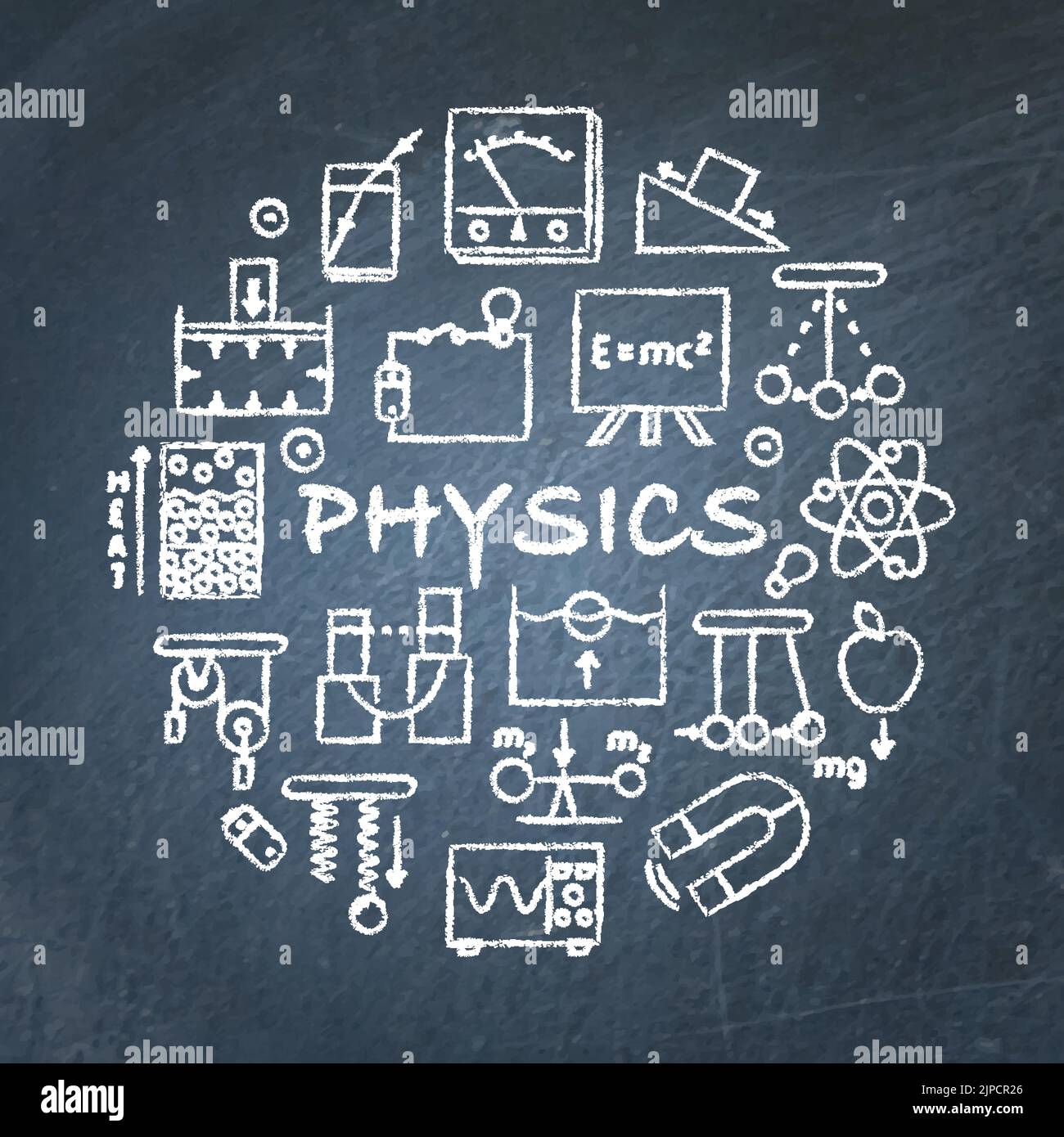 Physics science round concept banner on chalkboard. Physical symbols on ...