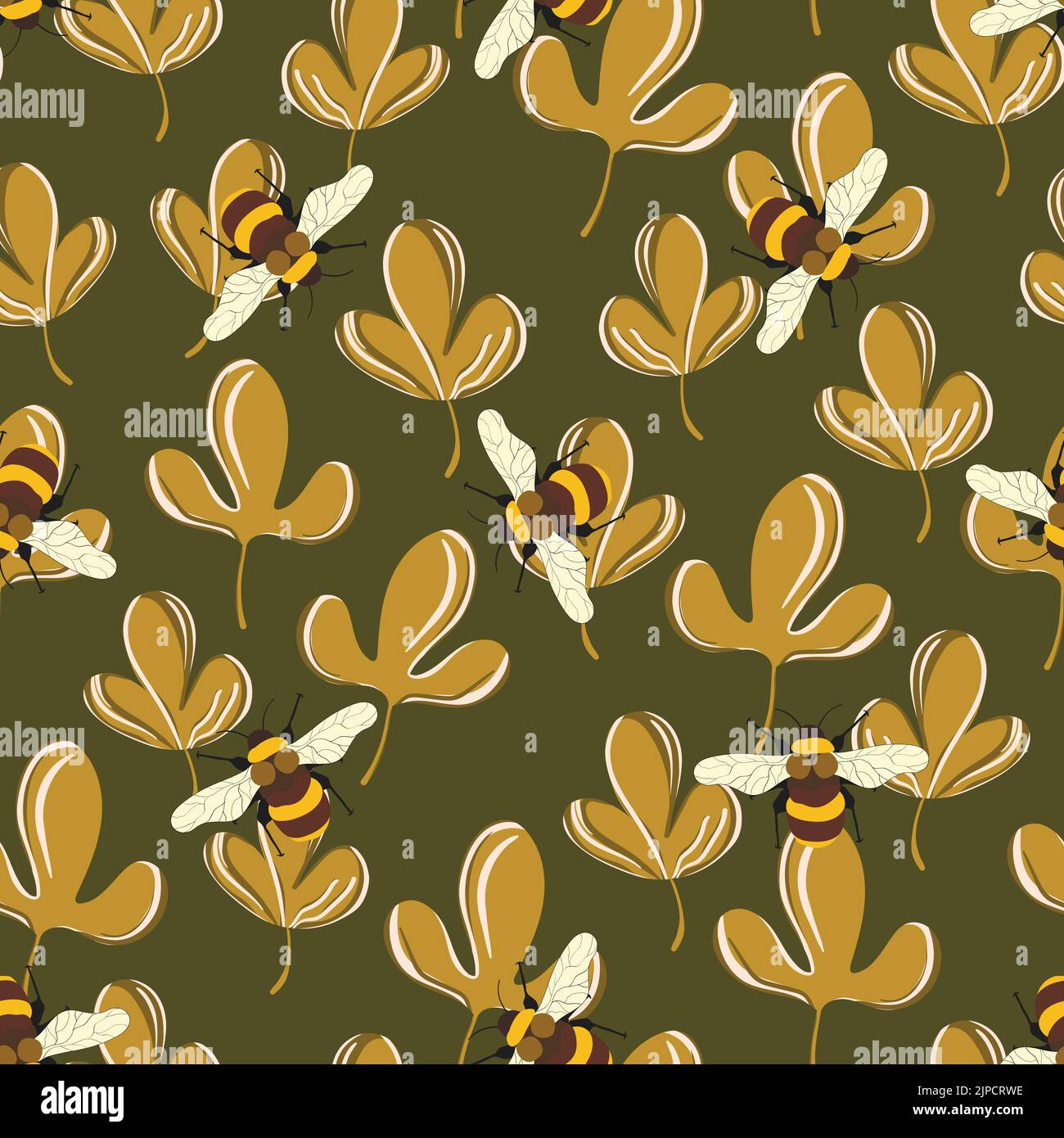 Seamless pattern with bees on floral background. Small wasp. Vector ...