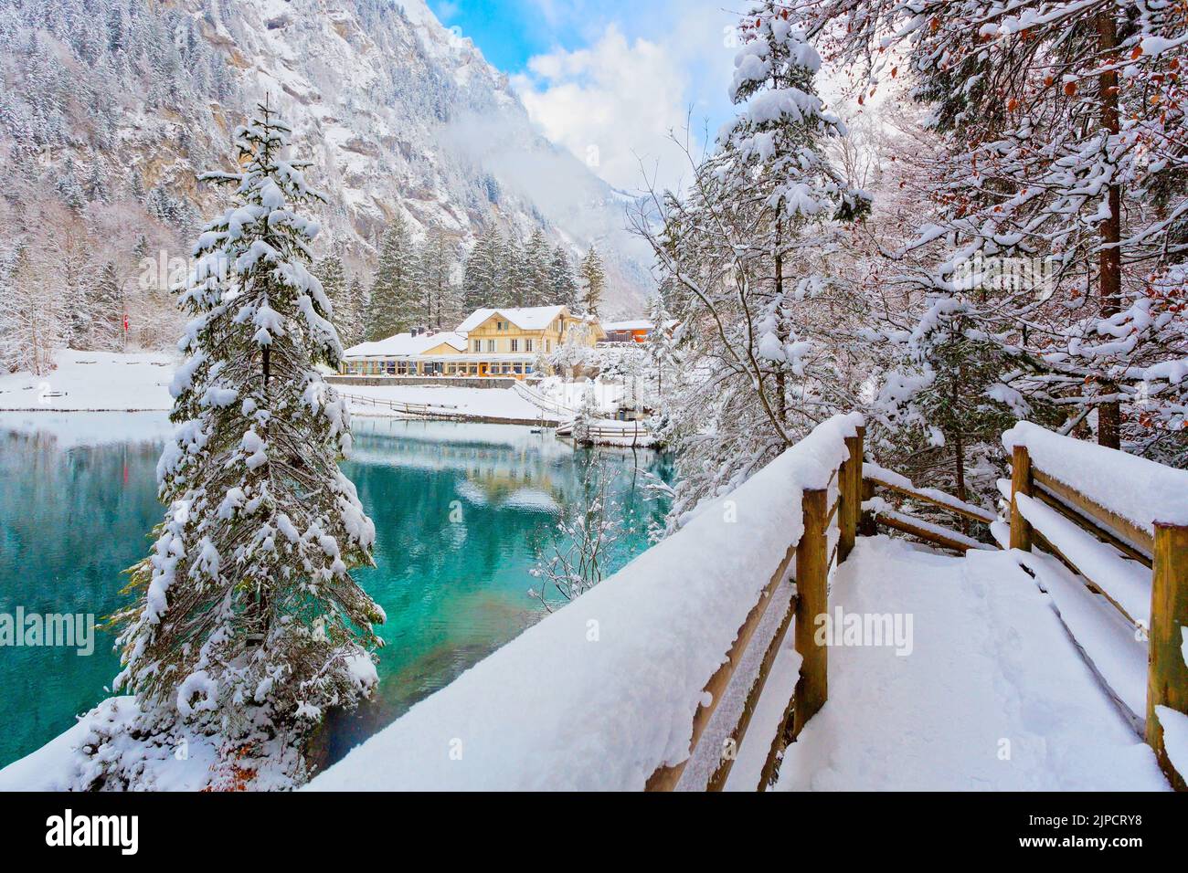 Lake Blausee in Bernese Highlands during winter, Switzerland Stock ...