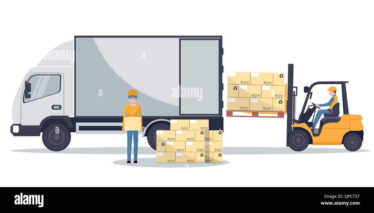 Worker driving a forklift loading a pallet with stacked boxes to a ...