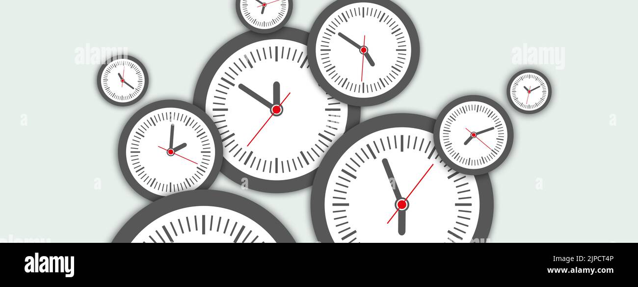Time background with round wall clocks Stock Photo - Alamy