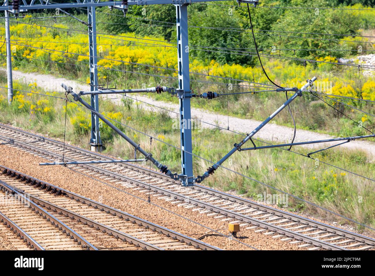 Electric traction over modern railway line Stock Photo - Alamy