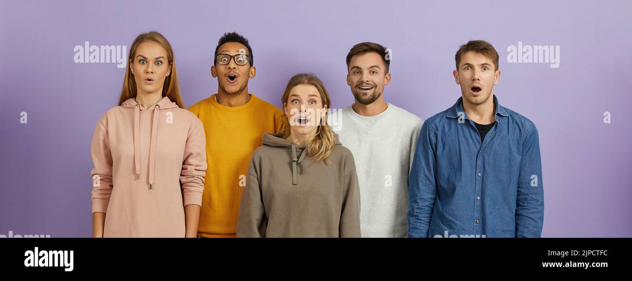 Banner of diverse people shocked by deal Stock Photo - Alamy
