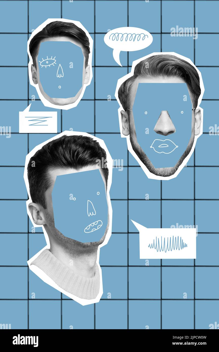 Vertical collage illustration of three guy heads drawing face speak ...