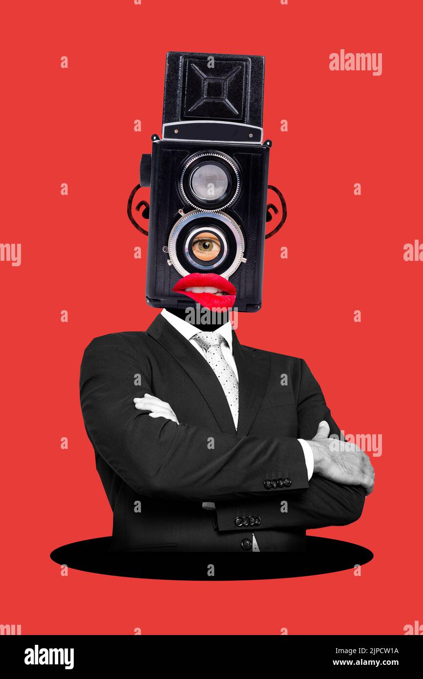 Photo artwork minimal picture of funny funky man vintage camera instead ...
