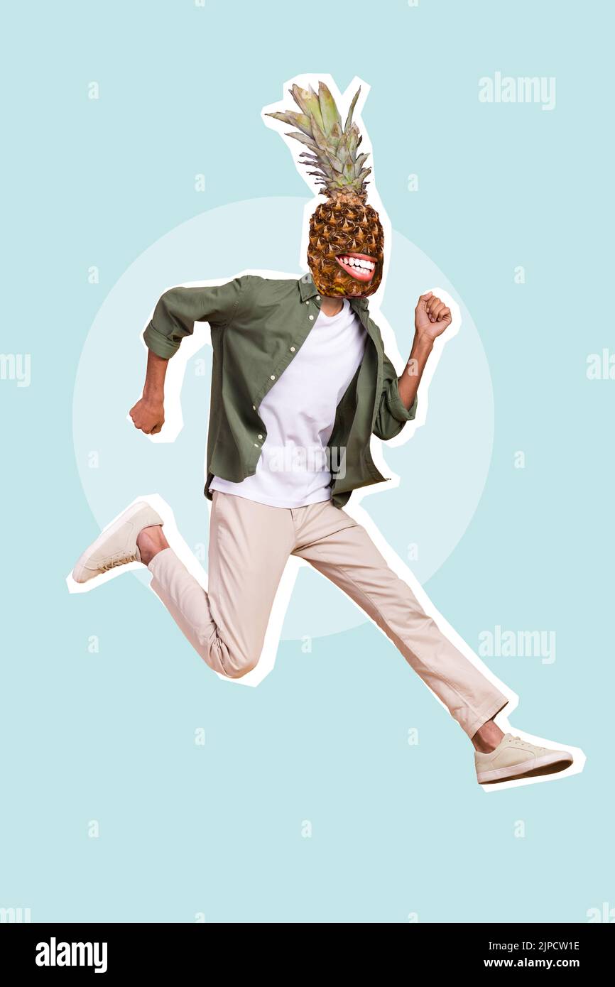 Vertical collage image of overjoyed guy jumping running pineapple ...