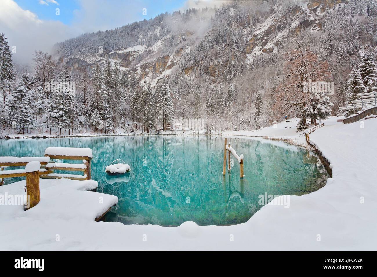 Lake Blausee in Bernese Highlands during winter, Switzerland Stock ...
