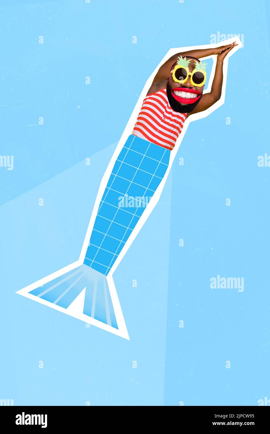 Vertical collage image of excited cheerful person mermaid big head ...