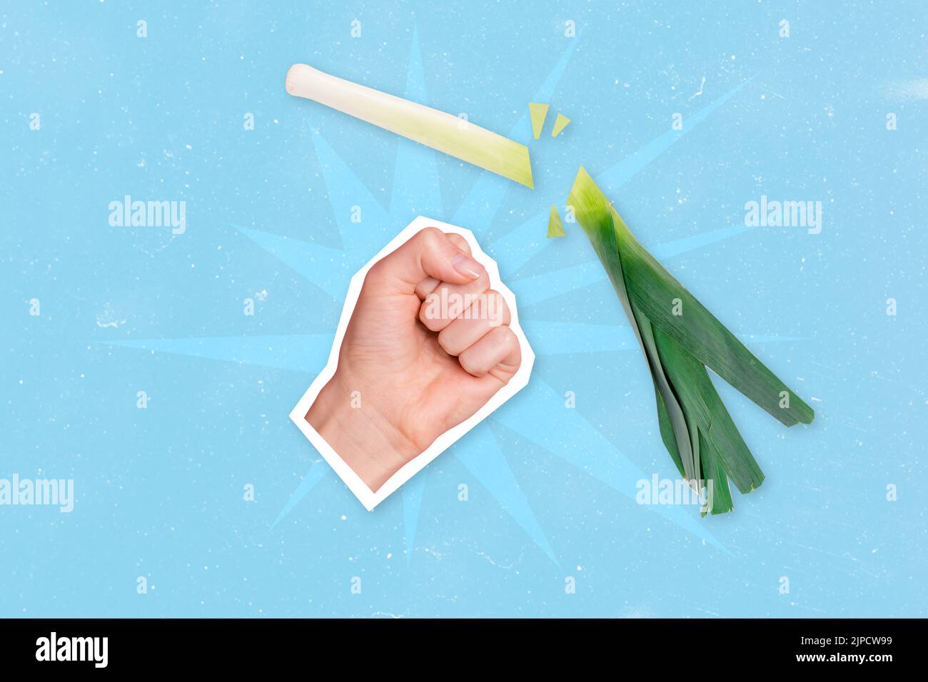 Mockup collage of person punching fresh ecological leek vegetable ...