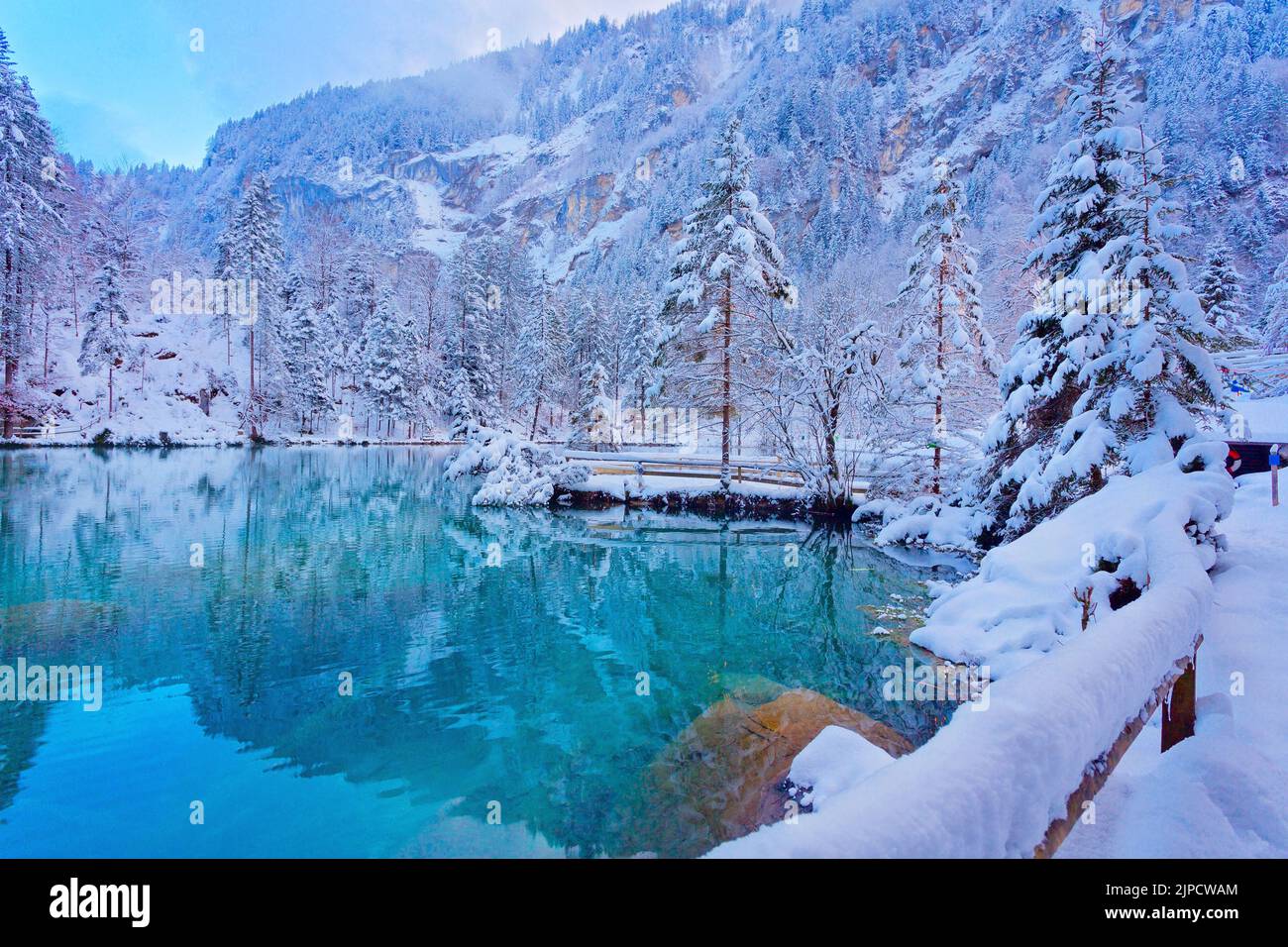 Lake Blausee in Bernese Highlands during winter, Switzerland Stock ...