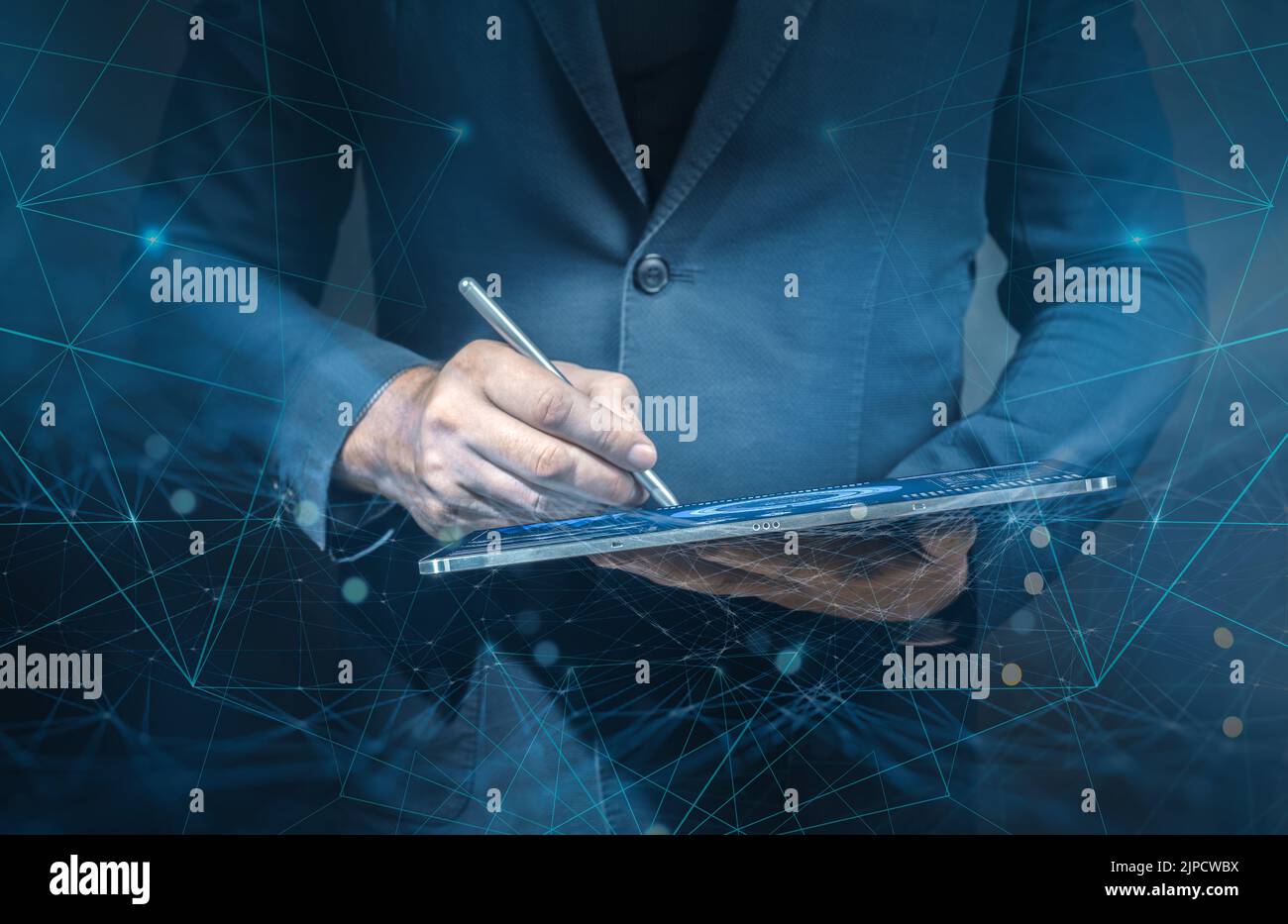 businessman working with modern computer interface as information ...